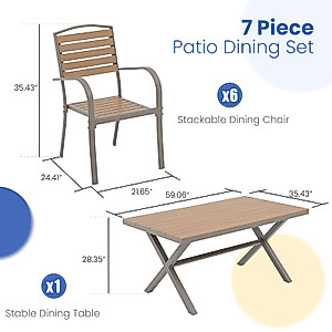 SUNSITT 7 Piece Outdoor Dining Set for 6, Aluminum Patio Dining Furniture Set with 59” Rectangle Dining Table & 6 Stackable Patio Chairs, Outdoor Table and Chairs w/Faux Wood Grain, Teak Wood Color