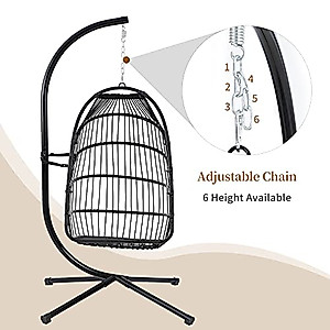 Patio Foldable Swing Chair with Cushion, PE Wicker Egg Hanging Chair w/Stand, Hammock Chair for Outdoor Balcony Indoor Bedroom (Black+Gray-2)