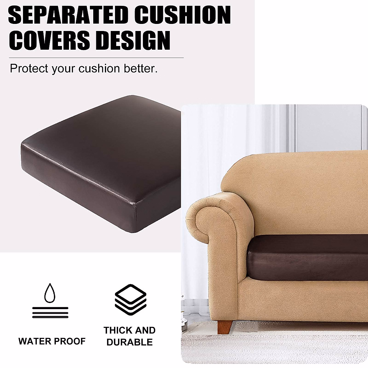 Faux Leather Couch Cushion Covers, Waterproof Sofa Cushion Slipcovers, Elastic RV Chair Seat Covers for Settee Seater, PU Leather Sofa Slipcovers Replacement Living Room (Chair Cushion, Chocolate)