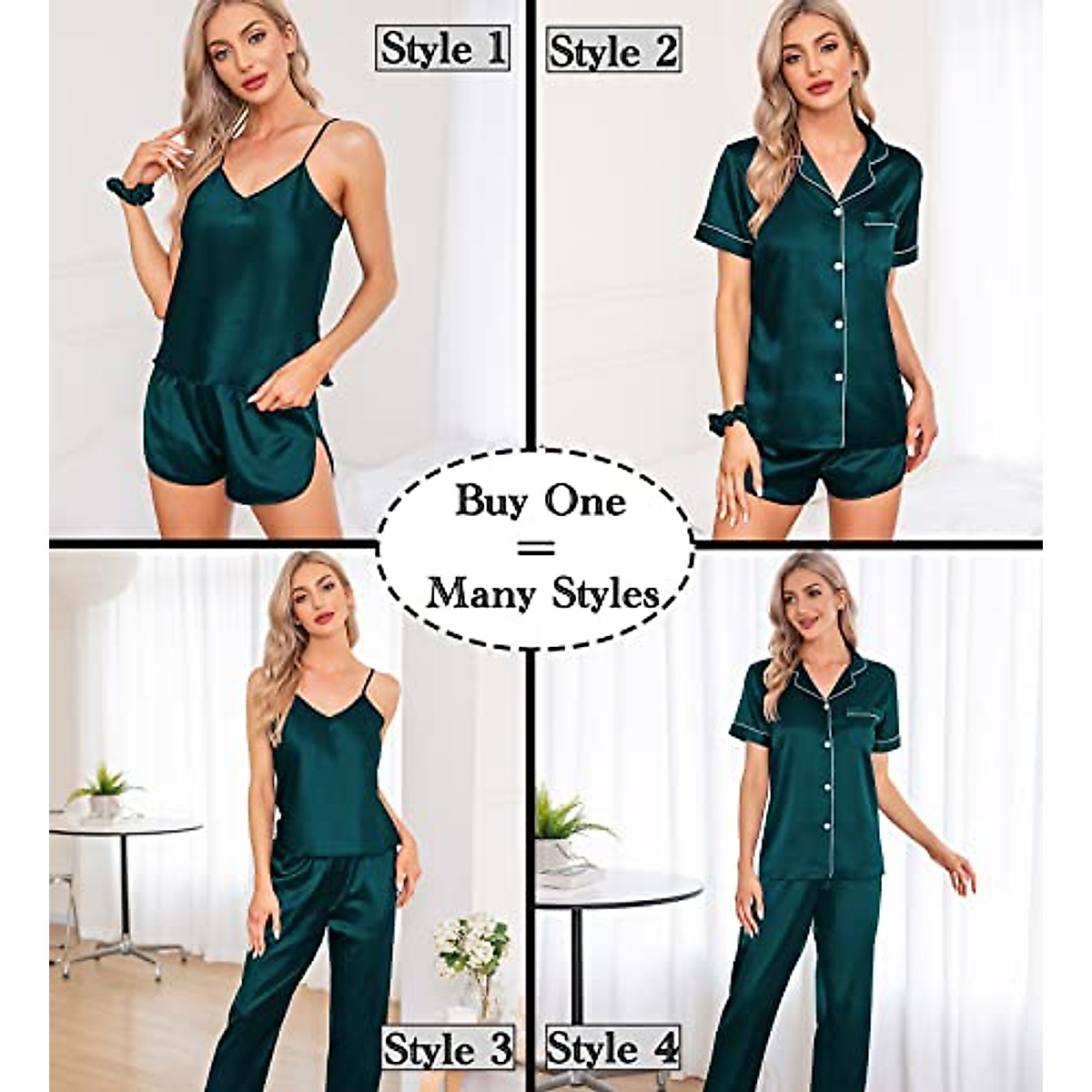 SWOMOG Womens Pjs Sets 7pcs Button Down Short Sleeve Shirt Pajamas Eye Mask Silk Satin Cami Sleepwear with Shorts Deep Green