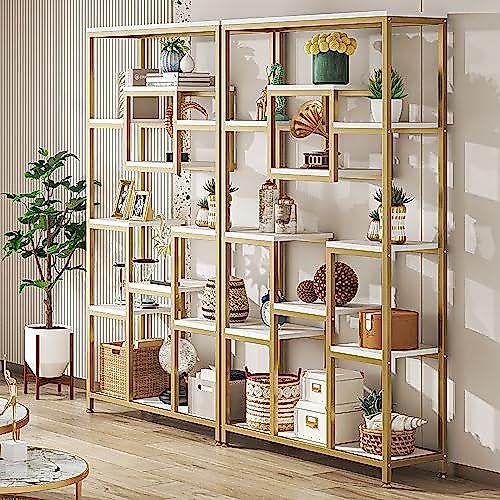 Tribesigns 71" W Gold Bookshelves, 11-Tier Large Tall Open Display Bookshelf, Geometric Cubed Etagere Bookcase Shelf, Modern Book Shelf for Living Room, Bedroom, Home Office, Gold & White