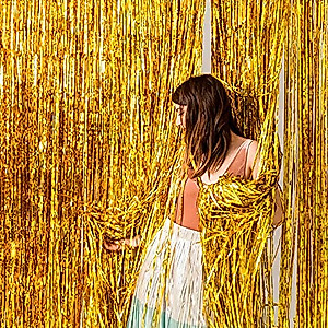 Dazzle Bright Backdrop Curtain, 3FT x 8FT Metallic Tinsel Foil Fringe Curtains Photo Booth Background for Baby Shower Party Birthday Wedding Engagement Bridal Shower (2, Gold)