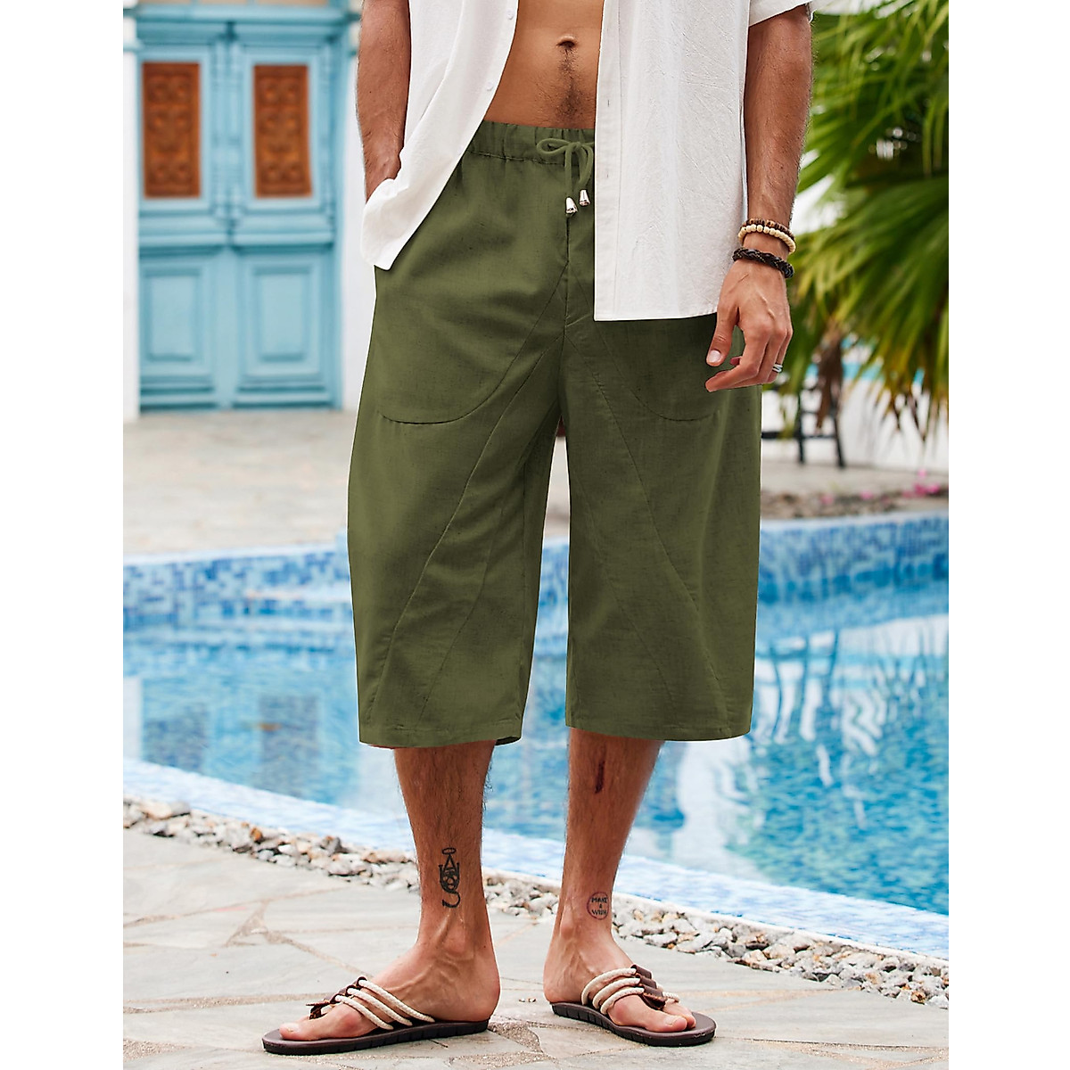 COOFANDY Mens Linen Yoga Pants Casual Elastic Waist Capri Beach Pants Lightweight Harem Pants, Army Green, M