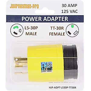 Journeyman-Pro RV Power Cord Adapter 125/250 VAC 30 Amp Male to Female TT-30/L5-30/L14-30 - 3 to 4 Prong Generator Electrical Plug Converter (L5-30P MALE to TT-30R FEMALE)
