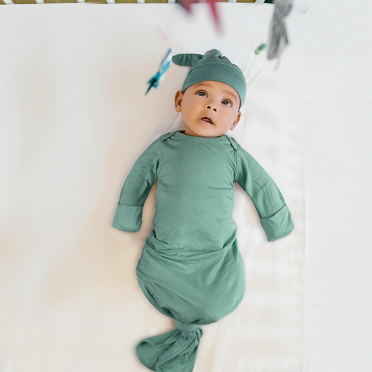 Newborn Baby Knotted Gown, Super Soft Silky Infant Long Sleeve Sleeper with Tie Bottom, Baby Girl and Boy Sleep Gown with Mittens, Bow, and Hat Set Grey Green
