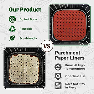 Reusable Silicone Air Fryer Liners by Linda’s Essentials (3 Pack) - Non Stick Easy Clean Air Fryer Liners Reusable Mats Air Fryer Accessories Includes Cheat Sheet And Recipe Book (Square (8.5 Inches))