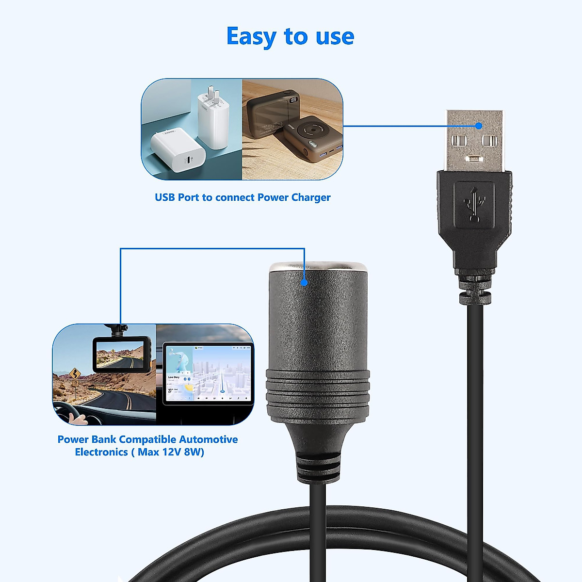 BXIZXD 2-Pack USB A Male to 12V Car Cigarette Lighter Socket Female Converter Cable, Suit for Driving Recorder, Dash Cam and Other Automotive Electronics (8W Max) - 1.2ft