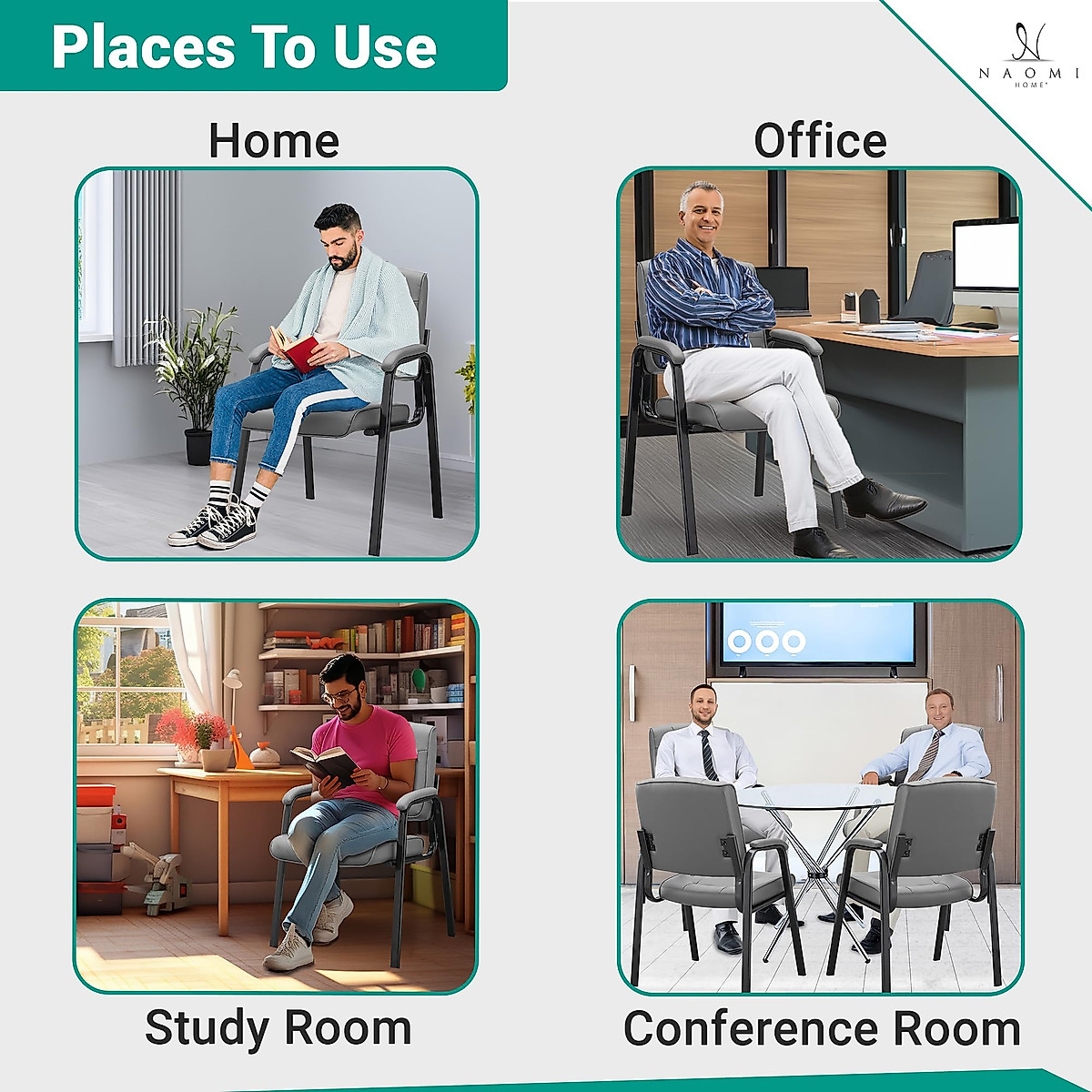 Naomi Home Conference Room Chairs, Heavy Duty Leather Executive Conference Table Chairs, Office Conference Chair, Conference Room Chair with Padded Arm Rest, Guest Chair Fixed-Back, Set of 2 - Gray