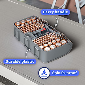THE BATTERY ORGANISER Storage Case with Tester, Stores & Protects Up to 180 Batteries, Hinge Clear Cover with Locking Lid, Garage Gadget Organization Holds AA AAA C D and More, Gray