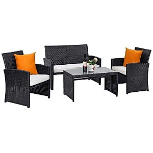 Tangkula Patio Wicker Conversation Furniture Set, Patiojoy Sofa & Table Set w/4 Seats, Outdoor Rattan Sofa Set for Balcony Backyard, Wicker Chair Set with Tempered Glass Coffee Table (1, White)