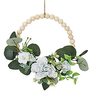 Artificial Flower Wreath,Wood Beads Camellia Wreath, Indoor/Outdoor Farmhouse Wreaths for Front Door Decor
