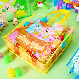 JOYIN 6 Pcs Easter Gift Bags, 13" x 13" x 4" Big Size Non Woven Easter Goodie Bags Party Treat Bags with Handles for Easter Egg Hunt, Reusable Easter Rabbit Bunny Bag for Kids Party Favor Supplies