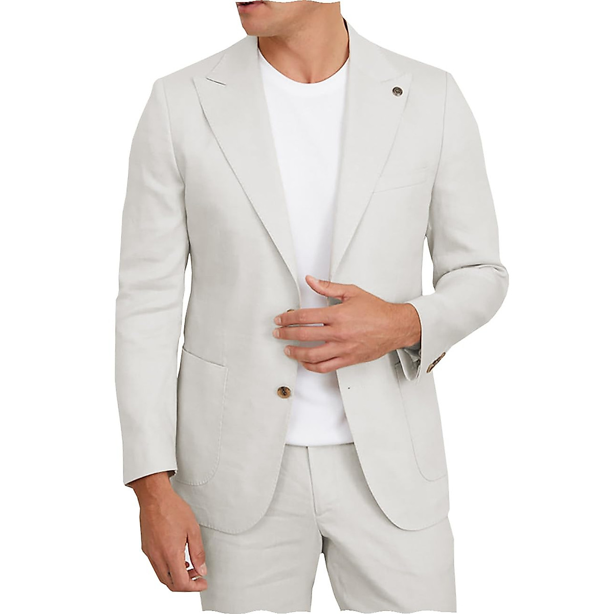 MoranX Summer Casual Men's Suits Regular Fit 2 Piece Prom Tuxedos Peak Lapel Linen Blazer Pants for Wedding(White,36R)