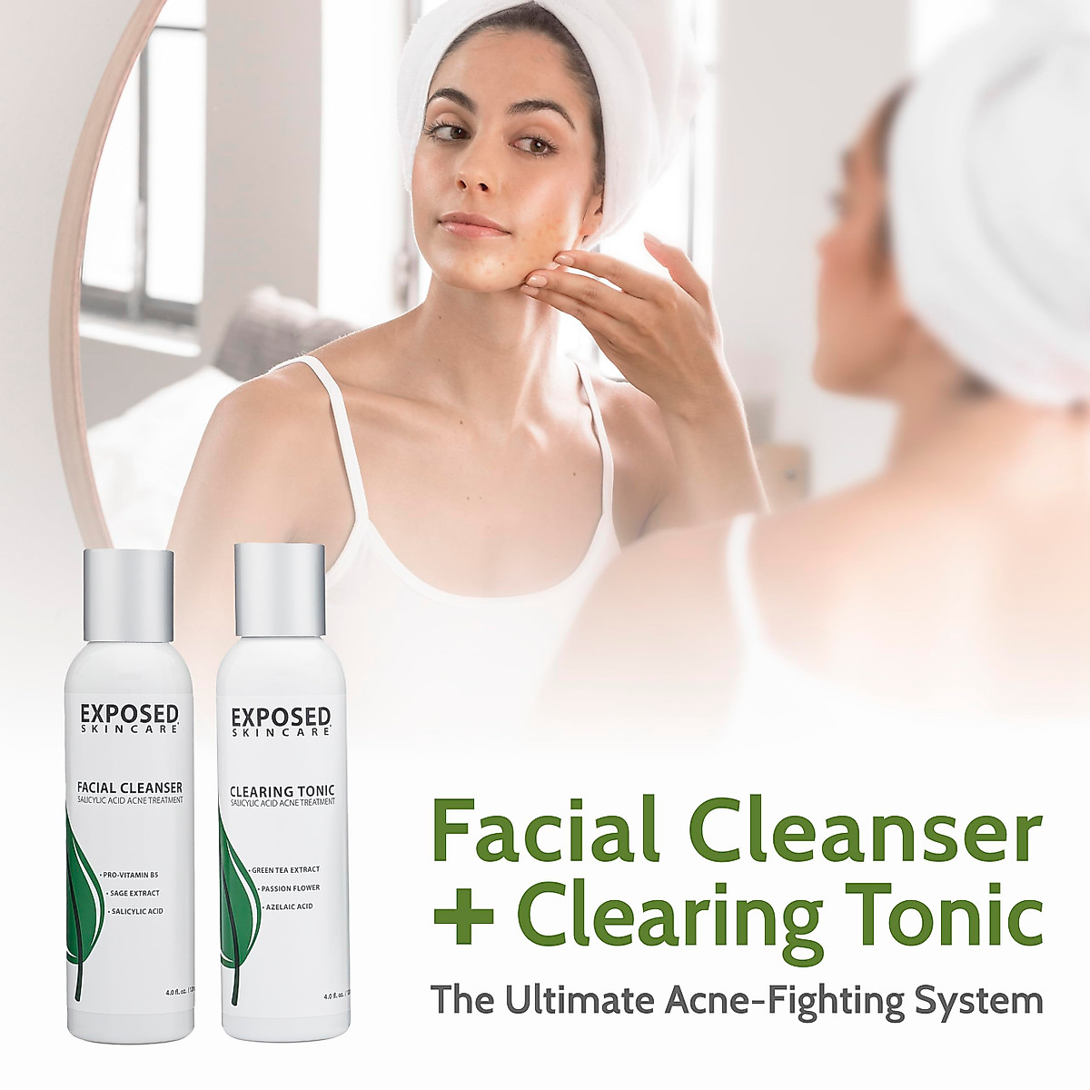 Exposed Skin Care Acne Treatment Kit - Includes Facial Cleanser, Clearing Tonic, Acne Treatment Serum, Clear Pore Serum, Clarifying Mask, Cloth - Natural Acne Solution for Face, All Ages & Skin Types