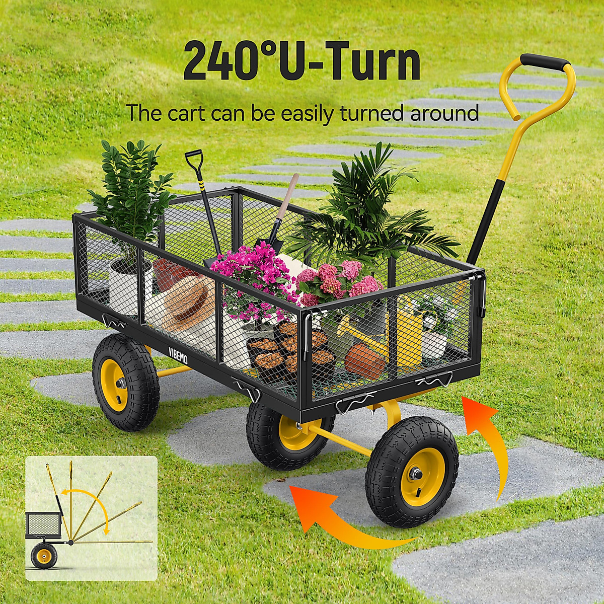 Vibemo Steel Garden Cart, 2-in-1 900 lbs Heavy Duty Utility Wagon, with Removable Mesh Sides to Convert into Flatbed, 240° U-Turn 10" Pneumatic Tires Garden Wagon for Farm Yard Lawn Garden Camping