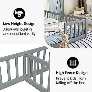 Mirightone Double Twin Bed Frames for Kids, Wood Montessori Bed with Fence Guardrails, Double Twin Floor Bed Side by Side for Boys Girls Children, Grey