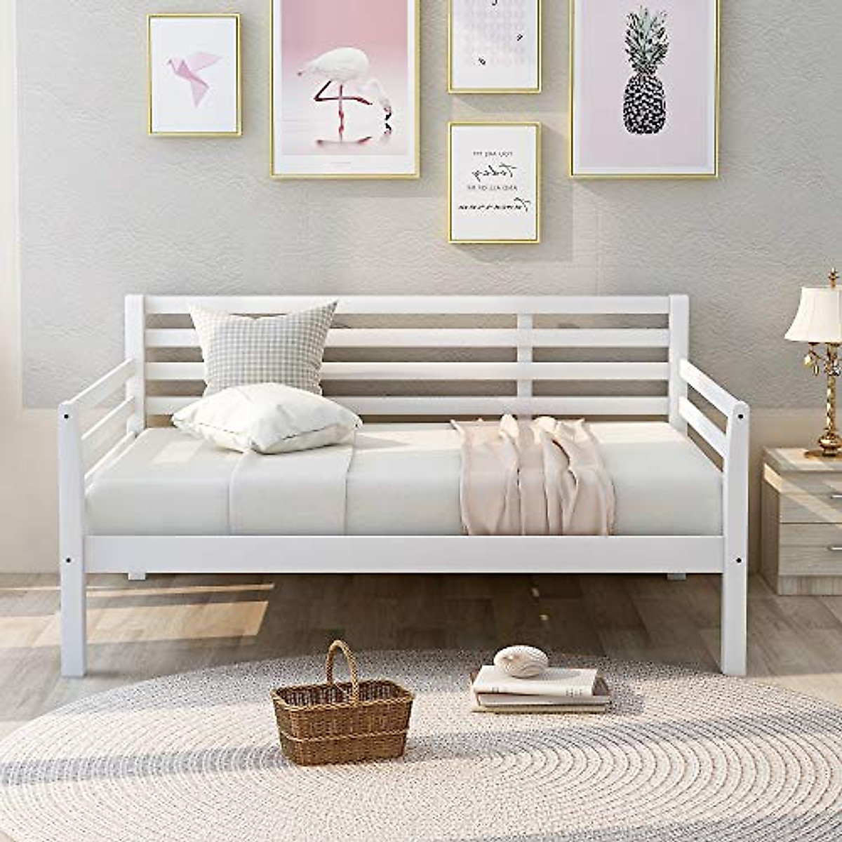 Myshle Full Size Daybed Frame, Wooden Full Day Bed with Wood Slat Support, Upgraded Full Bed Frame, Full Size Sofa Bed for Bedroom, Living Room, No Box Spring Needed, White