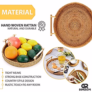 Rattan Tray 8.7-Inch Round Serving Tray Decorative Trays for Coffee Table Decorative Tray | Woven Tray for Bread, Wicker Tray Coffee Table Basket Tray with Handles for Fruit Vegetables Restaurant etc.
