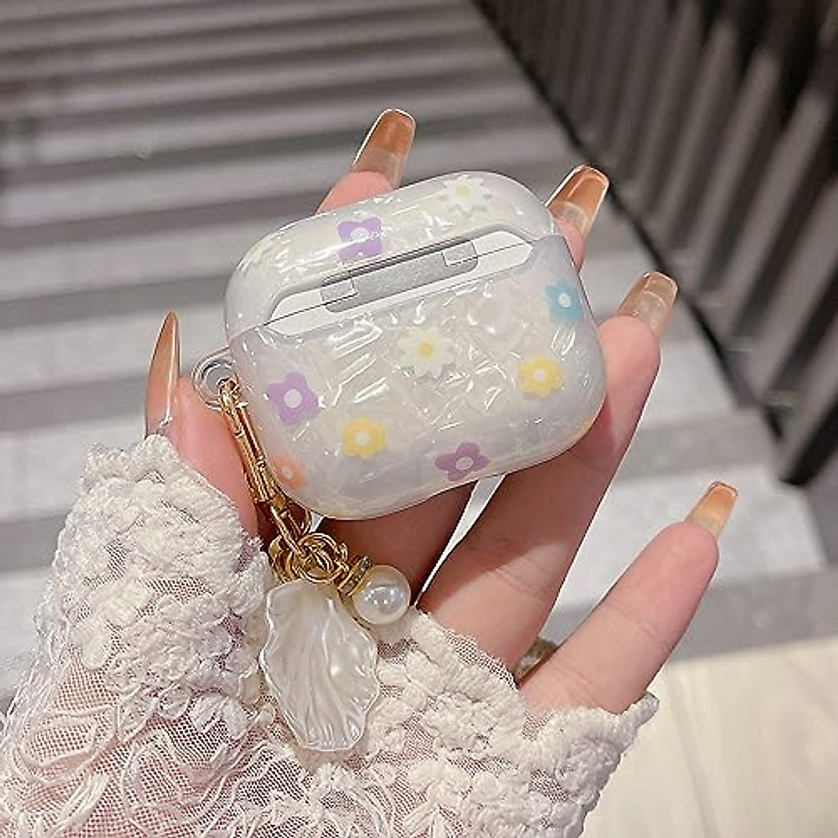 PHOEACC Cute Airpod Gen 3 Case 2021 (NOT Fit Airpod Pro) Flowers with Shell Pearl Keychain Luxury Marble Protective Cover Compatible with AirPods 3rd Generation Case for Girls Women (Floral)