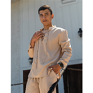 COOFANDY Men's 2 Piece Linen Set Long Sleeve Henley Shirts Casual Beach Pants With Pockets Summer Yoga Outfits