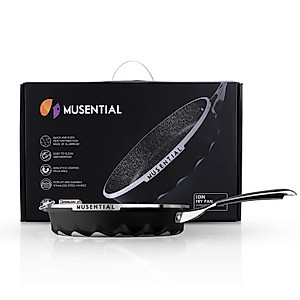 MUSENTIAL 10" Inch Aluminum Non-stick Frying Pan Skillet with Tempered Glass Lid, PFOA-Free Non-stick Granite Coating, Stainless Steel Handle, Dishwasher/Oven Safe (Black)