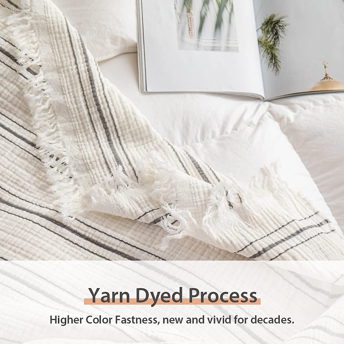 Simple&Opulence Yarn Dyed Striped Cotton Muslin Throw Blanket for Bed, Couch, Knit Woven Blanket with Tassels Soft Lightweight Cozy Pre-Washed Breathable Farmhouse Decoration for All-Season(Grey)