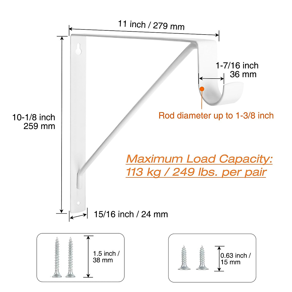 KOVOSCH 4 Pack Heavy Duty Closet Shelf & Rod Brackets, Wall Mounted Closet Shelf Brackets, 11 x 10.2 Inch Closet Shelf Brackets with Rod Support, White