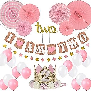 Birthday Decoration Set - Baby Partyr Crown, Girl/Boy 2st Birthday Party Hat Princess Tiara Hat Includes Cake Topper One "I Am One" and Star Banner Pink Hanging Paper Fan Flower Pink and White Balloons