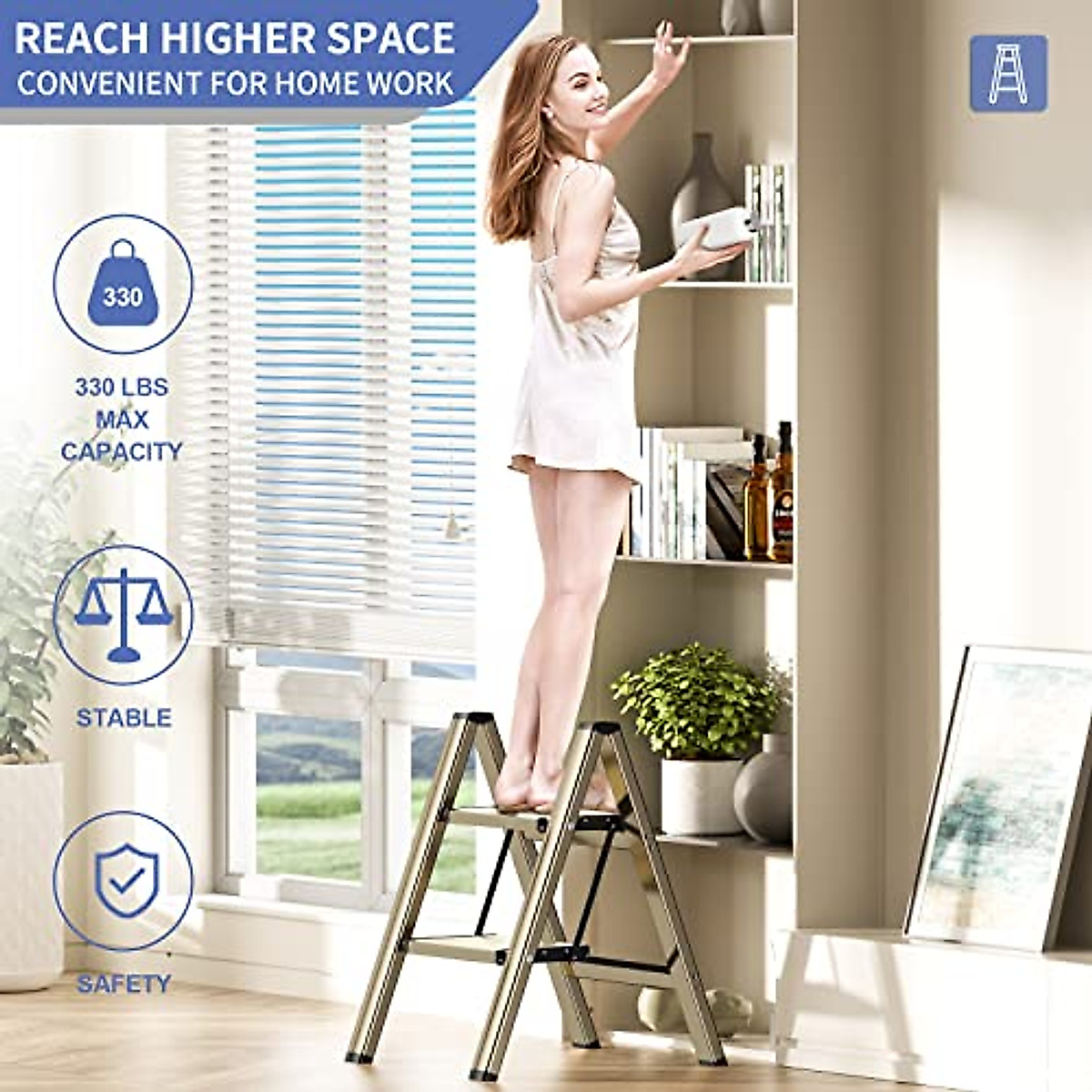 2 Step Ladder Folding Step Stool with Anti-Slip Sturdy and Wide Pedal, Aluminum Portable Lightweight Step Stool for Adults Multi-Use for Home Kitchen, Gold, 330 lbs