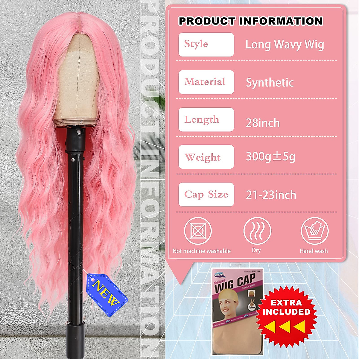 BUPPLER Cosplay Long Pink Wig 28 Inch Middle Part Synthetic Wig Realistic Gifts Party Wigs for Women Daily Use Colorful Wigs (Pink)