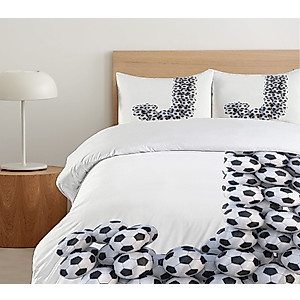 Ambesonne Letter J Duvet Cover Set, Soccer Balls in The Form of a Letter Futboll Alphabet Theme Teamplay Sports, Decorative 2 Piece Bedding Set with 1 Pillow Sham, Twin Size, Black Off White