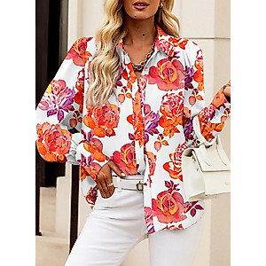 EVALESS Womens Tops Long Sleeve Shirt Cute Print Blouses for Women Fashion 2025 Red Button Down Shirt for Women Dressy Casual Boho Clothes Outfits for Holiday Sexy V Neck Tops for Spring Fall,Small