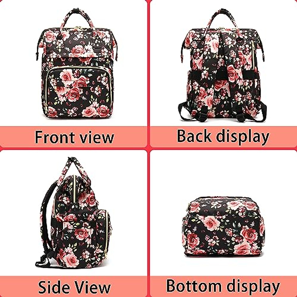 Goodsnetic Laptop Backpack for women Cute Laptop Bag Computer Bag Floral Laptop Purse with USB Charging Port, 15.6-Inch,2 PCS, Black