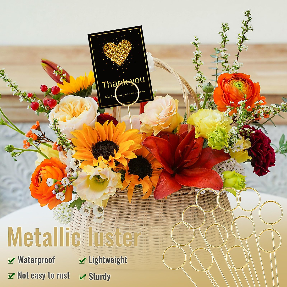 GAOHUI 40Pcs Gold Floral Picks, Metal Card Holder, 13.18 Inch Bouquet Holder for Floral Arrangements, Flower Favor Photo Holders Place Card Holder for Wedding Party