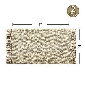 MitoVilla Boho Farmhouse Small Rug Set 2 Piece 2'x3', Area Rug with Tassels for Kitchen, Cotton Woven Washable Bathroom Throw Rug for Hallway, Entryway, Laundry Room Floor, Tan Cream