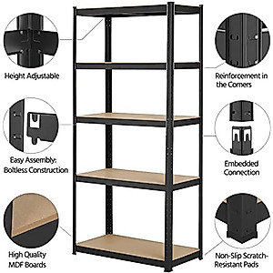 5 Tier Adjustable Boltless Garage Shelving, Heavy Duty Storage Racks Unit, Organizing Metal Shelf for Home Office Workshop Warehouse Household Kitchen, 59" H x 28" W x 12" D, Black, DIY Shelves