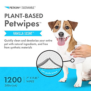 Petkin Plant-Based PetWipes, 200 Wipes, 6 Count - Biobased, Sustainable, Big & Thick Pet Wipes for Dogs & Cats - for Face, Paws, Ears, Body & Eye Area - Consciously Cleans & Conditions - Vanilla