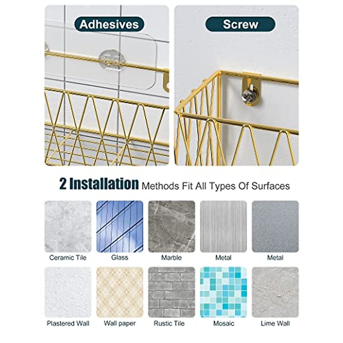 Iperlife Adhesive Shower Caddy Basket Shelf, Bathroom Shampoo Organizer Shelves, Kitchen Storage Rack, No Drilling Wall Mounted Rustproof Shower Shelf for Inside Shower - 2 Pack (Gold)