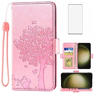 Asuwish Compatible with Samsung Galaxy S23 Ultra 5G Wallet Case Tempered Glass Screen Protector Flip Wrist Strap Card Holder Cell Phone Cover for S23Ultra 23S S 23 23Ultra 6.8 inch Women Men Rose Gold