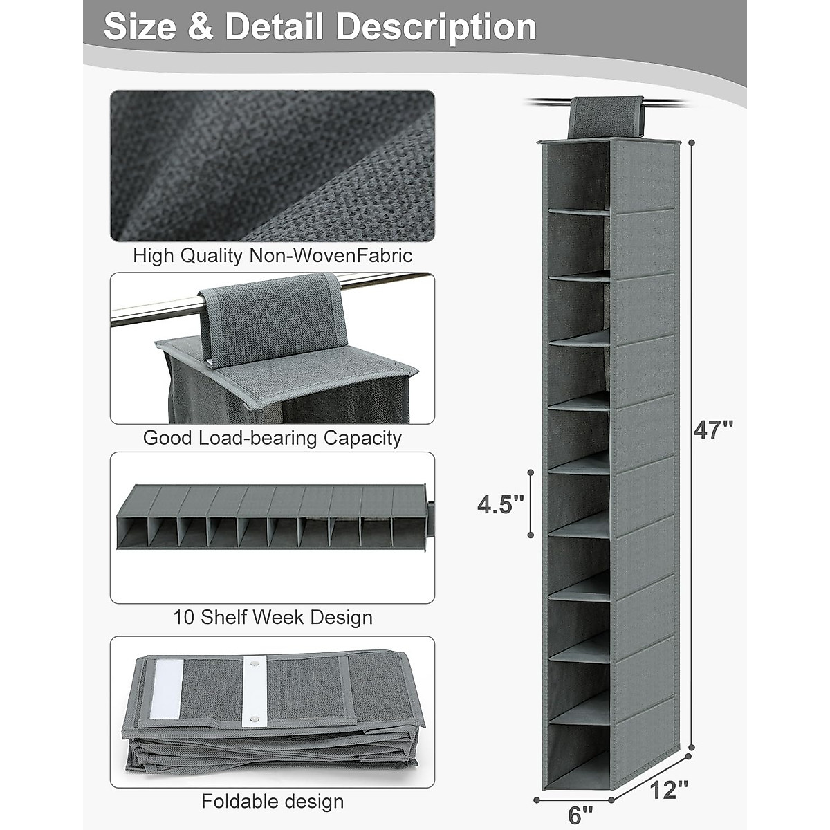 NEATJELAI Hanging Shoe Organizer 10 Tier Hanging Shelves for Closet Organizers and Storage System，Foldable Design, for Wardrobe, Baby Clothes Organization and Storage，Gray