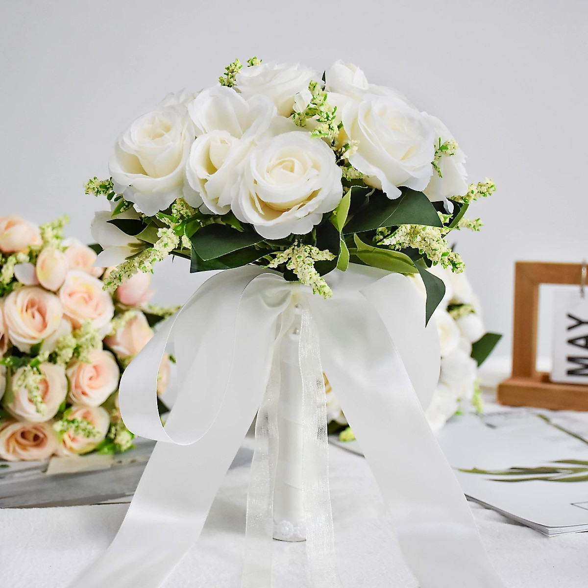 Febou Wedding Bouquets for Bride Bridesmaid Bouquet Ivory Bridal Bouquet Artificial Roses for Wedding Church Home Decoration (Ivory)