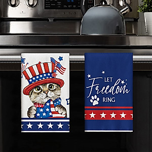 Artoid Mode Cat American Flag Stars Freedom 4th of July Kitchen Towels Dish Towels, 18x26 Inch Seasonal Decoration Hand Towels Set of 2