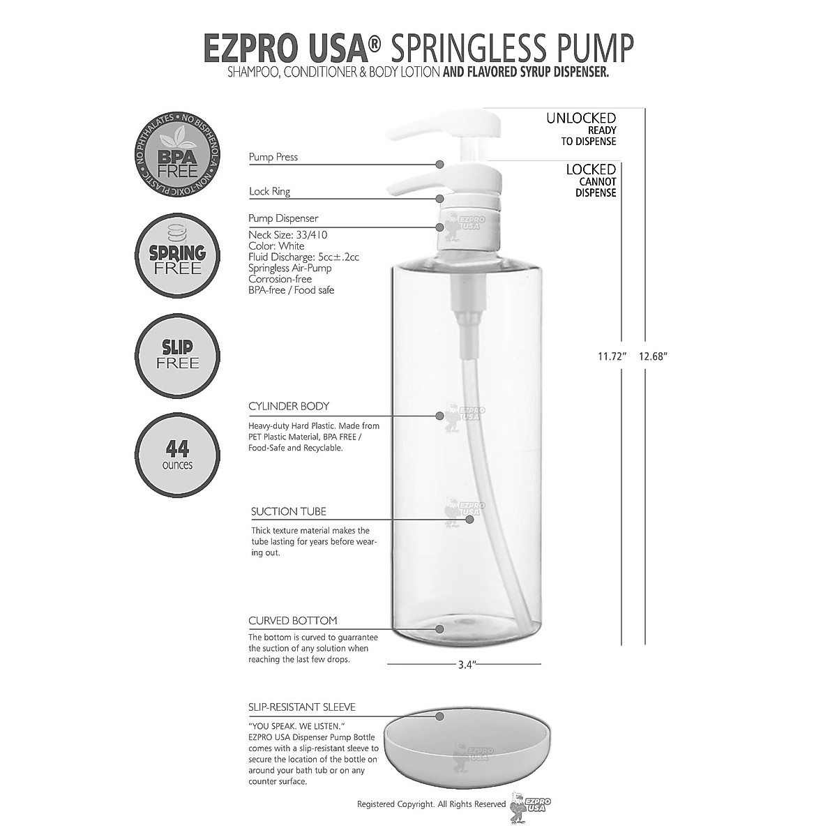 EZProUSA Shampoo Conditioner Dispenser Pumps for 32mm Neck 1 Liter (32 oz Shampoo Bottles), Metal Free Rust Free Air Pumps, Pump for Shampoo Bottle, White