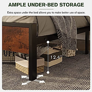 IMUsee Full Size Bed Frame with Wood Headboard and Footboard Platform, Heavy Duty Metal Frame with 12" Under Bed Storage, No Box Spring Needed, Noise Free, Brown