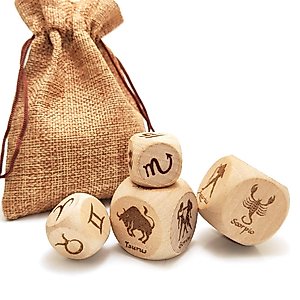 Hometu 2 Pairs/Set Zodiac Constellation Dice Set - 2Pcs 20MM + 2Pcs 30MM Engraved Wooden Astrological Dices for Divination Accessory (V1(20MM)+V1(30MM)), Wood