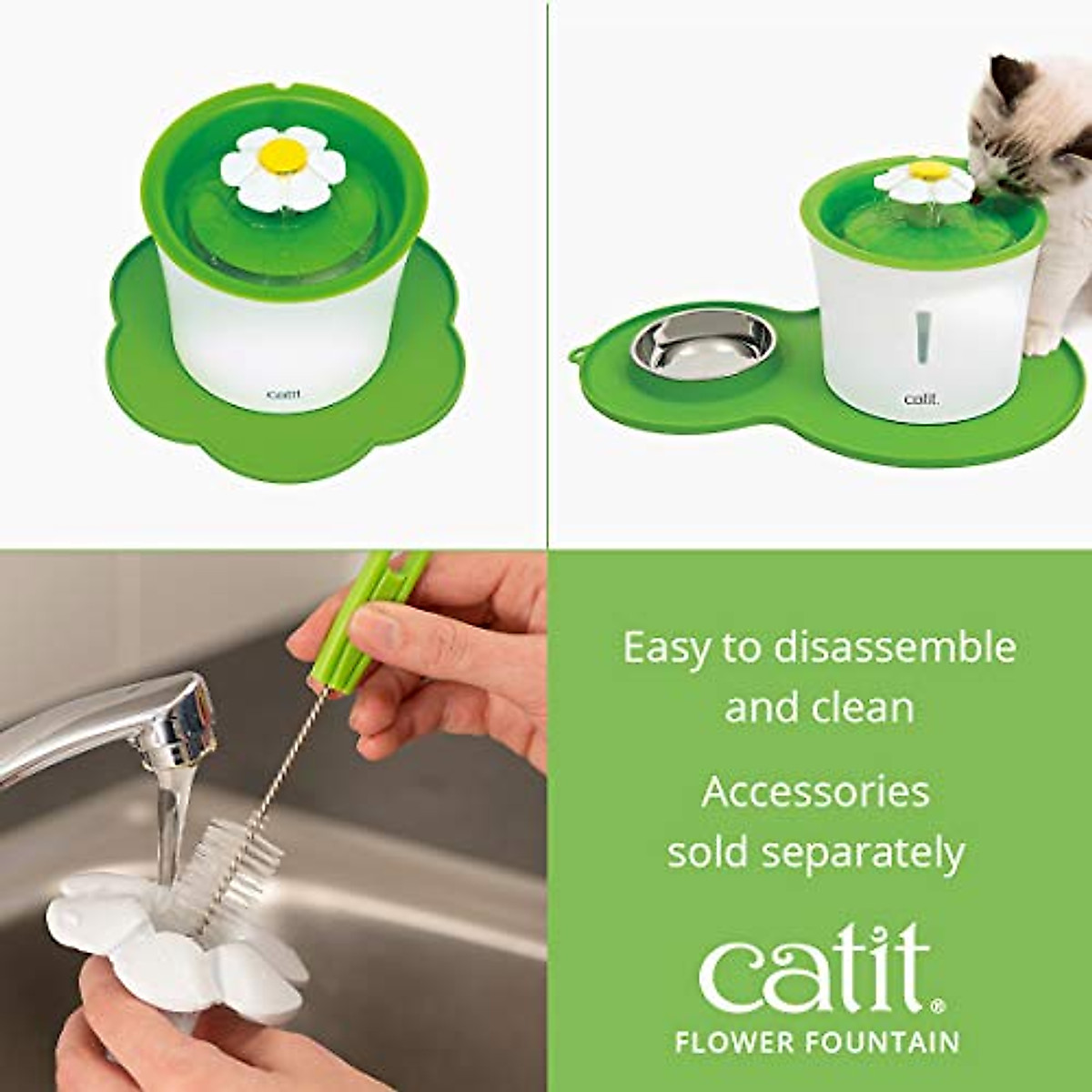 Catit Flower Fountain with Triple Action Filter, Cat Drinking Water Fountain, 3 L, Green