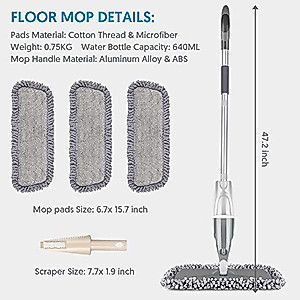 Microfiber Mop Spray Mop for Floor Cleaning - EXEGO Floor Mop Wood Mop Kitchen Mop Dry Wet Mop with 3 Reusable Pads & 640ML Refillable Spray Bottle for Hardwood Floor Ceramic Tiles Floor Cleaning