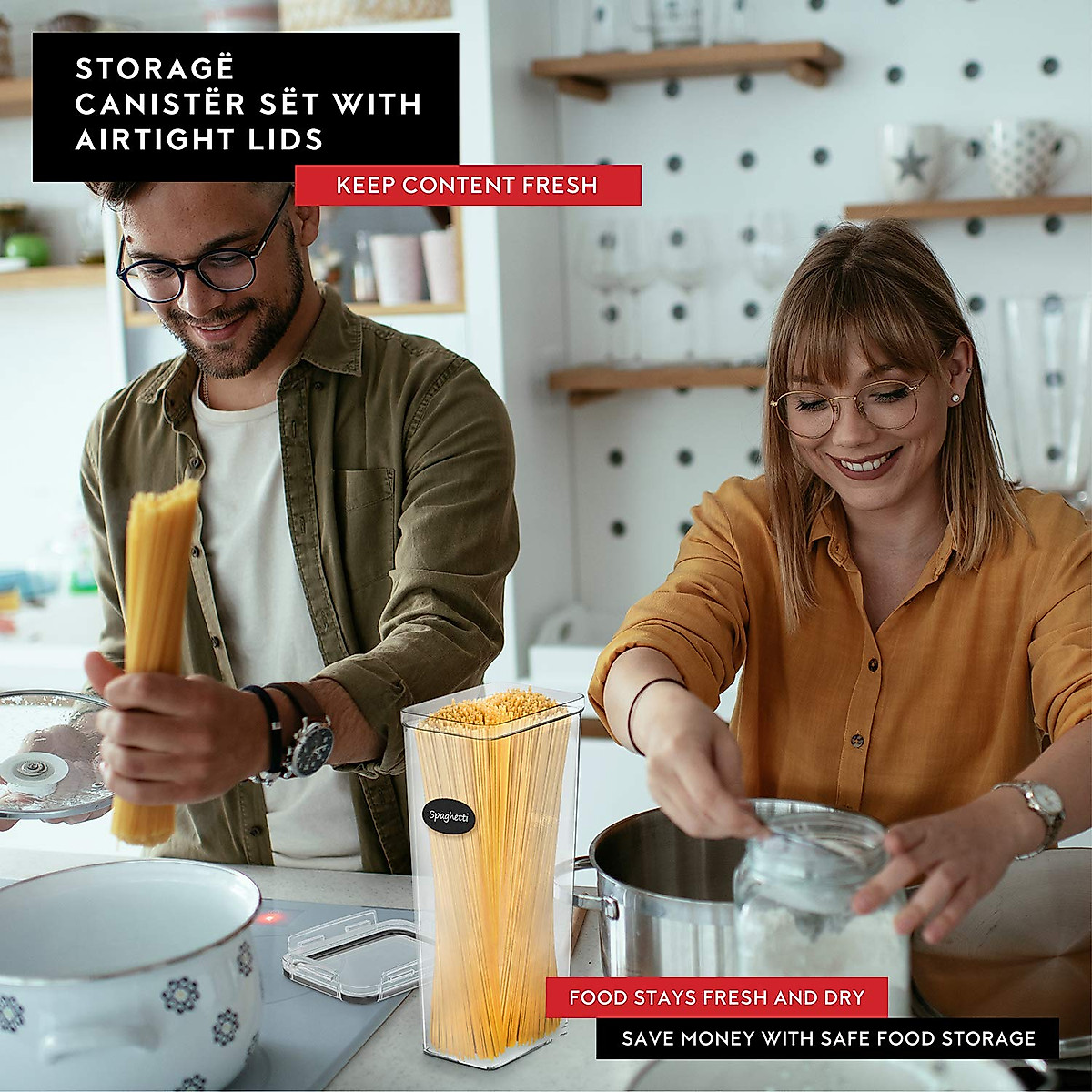 DWËLLZA KITCHEN Pasta Storage Containers for Pantry Airtight - 4 Pc Spaghetti Container Storage - Ideal for Spaghetti & Noodles, Kitchen Pantry Organization and Storage - Keeps Food Fresh & Dry