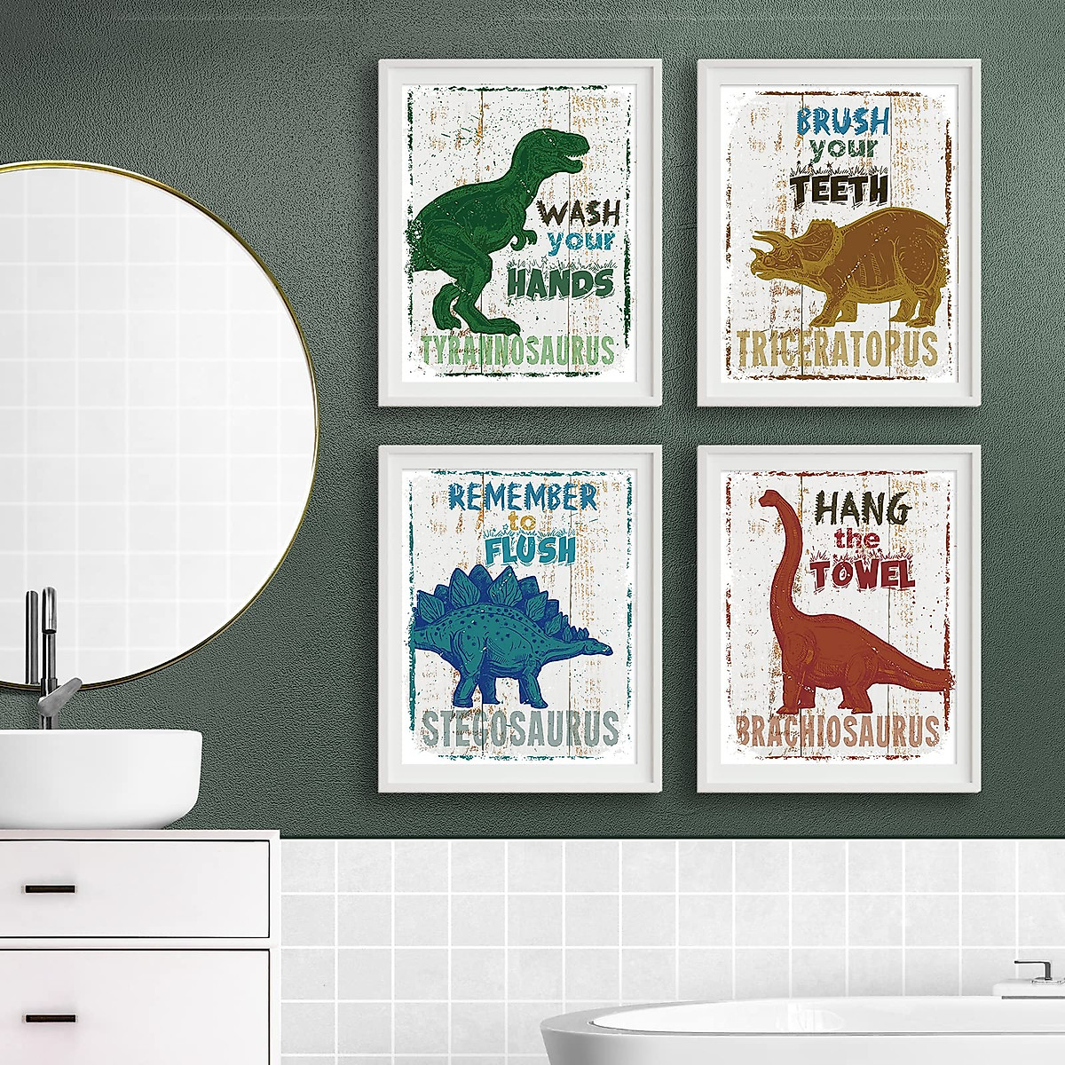 Dinosaur Room Decor for Boys Posters, Dinosaur Wall Decor Prints, Motivational Quote Room Decor, Dinosaur Photo Pictures for Kids Boys Nursery Bedroom Decorations(4 Pcs 8” X10”) (Bathroom)