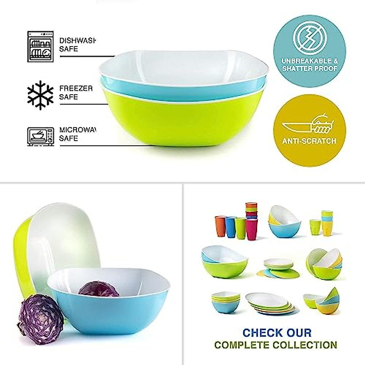 Maxi Nature Salad Bowl Set of 2 - Microwave, Dishwasher & Freezer Safe - Unbreakable & Lightweight Plastic Serving Bowls - Use for Ramen, Noodles, Soup, Pasta & More - Large Size
